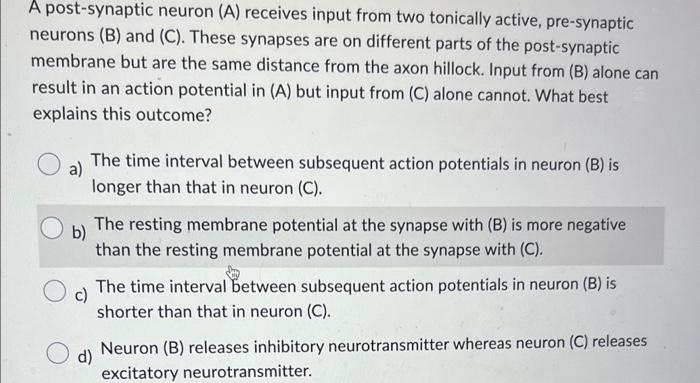 Solved A post-synaptic neuron (A) receives input from two | Chegg.com