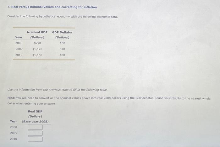 Solved 7. Real versus nominal values and correcting for | Chegg.com