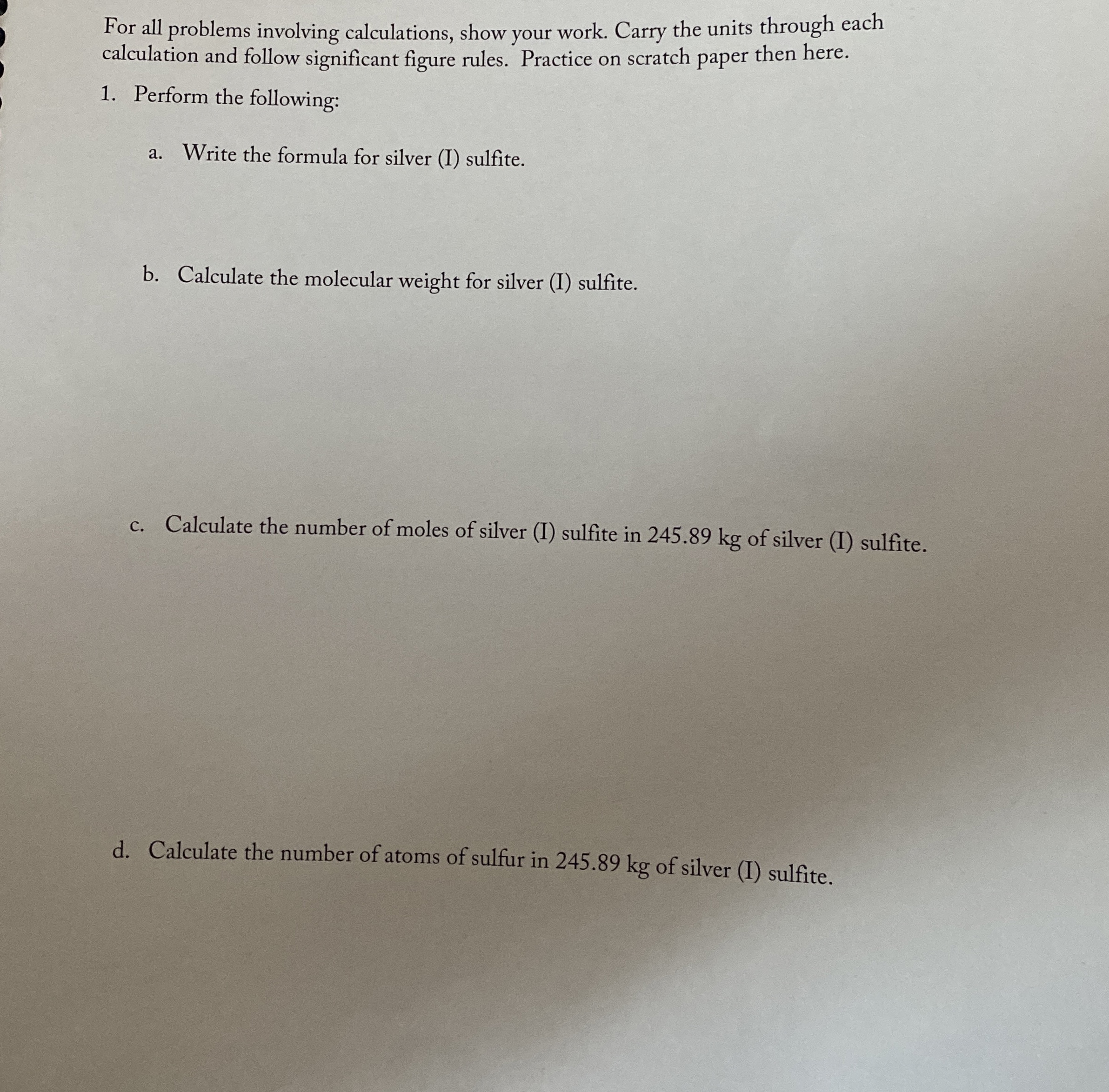 Solved For all problems involving calculations, show your | Chegg.com