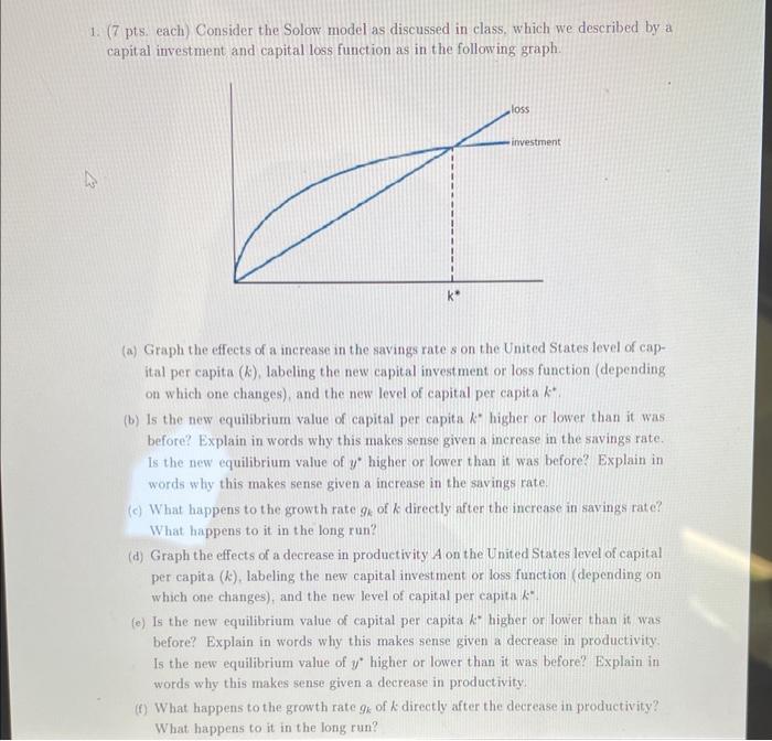 Solved 1. ( 7 pts. each) Consider the Solow model as | Chegg.com