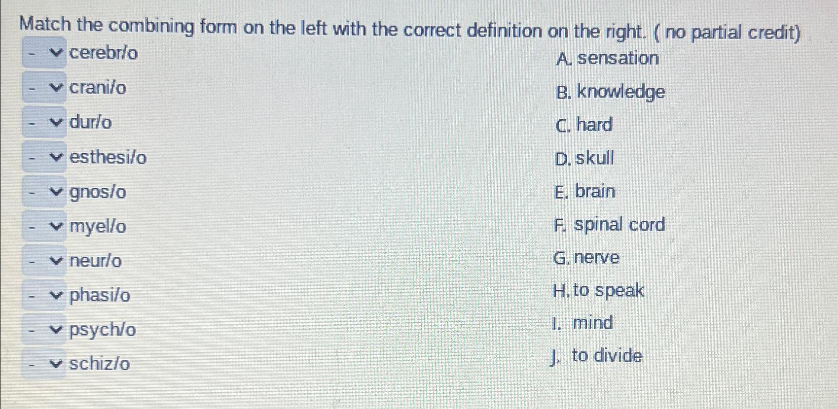 Solved Match the combining form on the left with the correct | Chegg.com