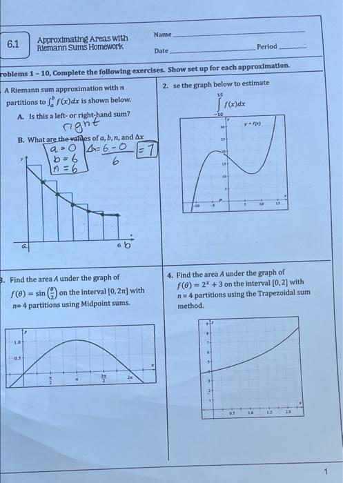Solved Name 6.1 Approximating Areas with Alemann Sums | Chegg.com