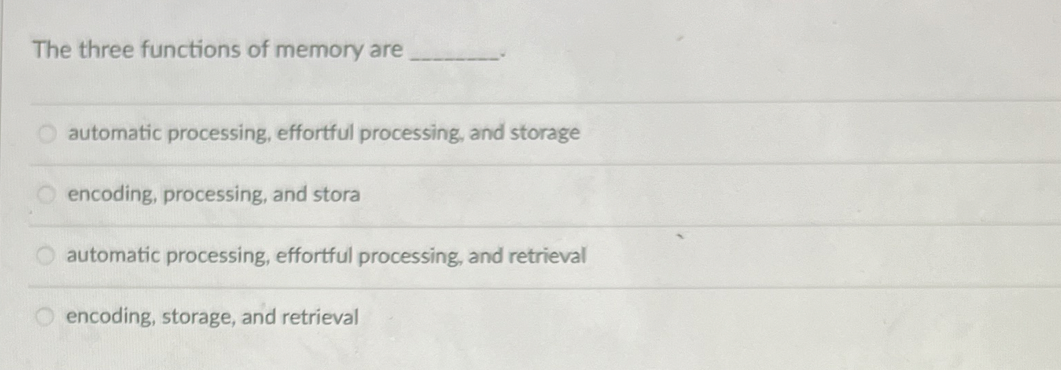 Solved The three functions of memory are ﻿automatic | Chegg.com