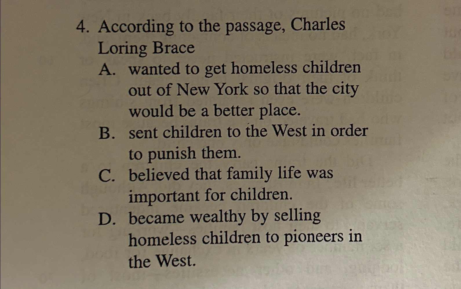 Solved According to the passage, Charles Loring BraceA. | Chegg.com