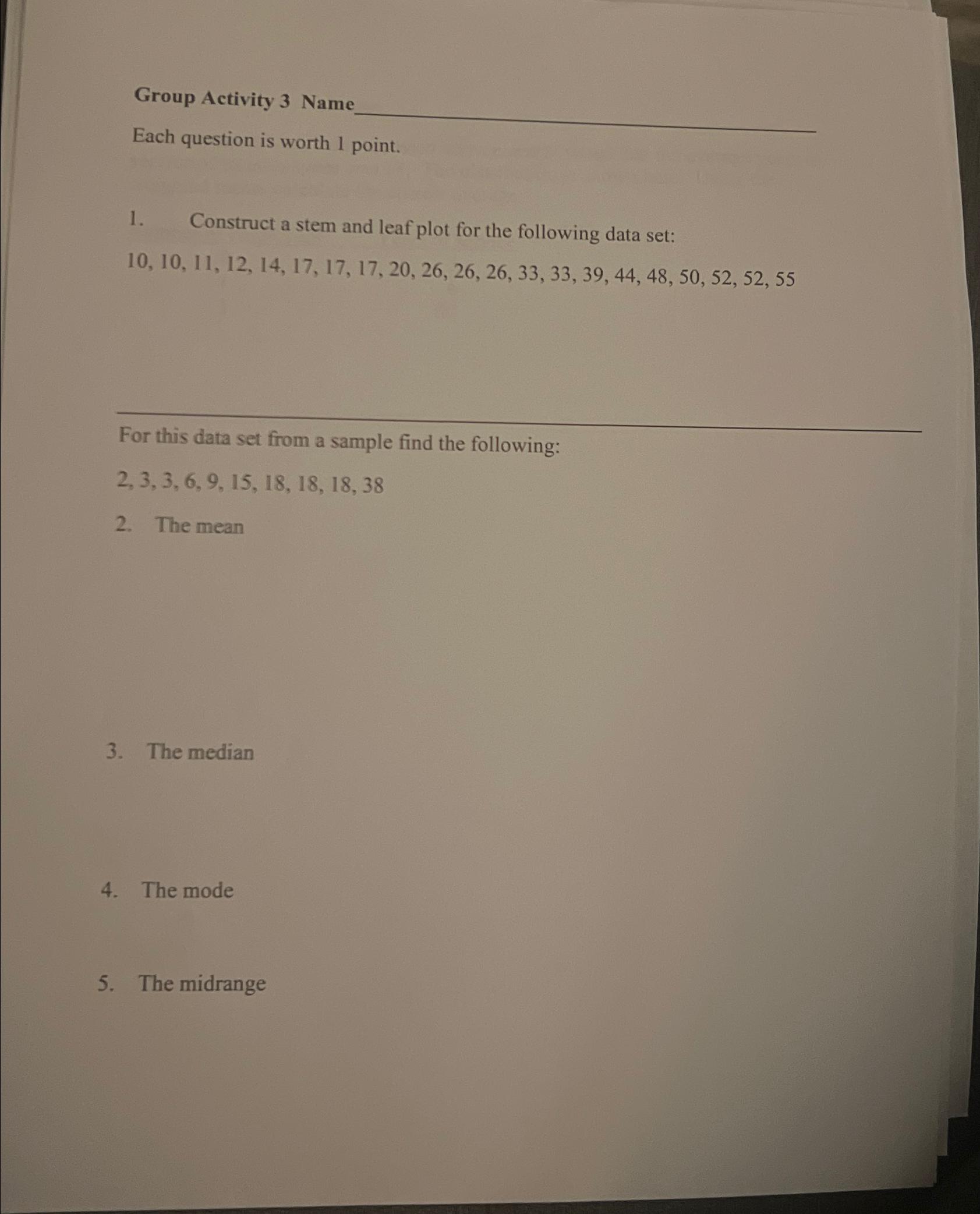 Solved Group Activity 3 ﻿NameEach question is worth 1 | Chegg.com