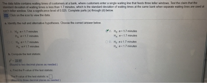 Solved The data table contains waiting times of customers at | Chegg.com