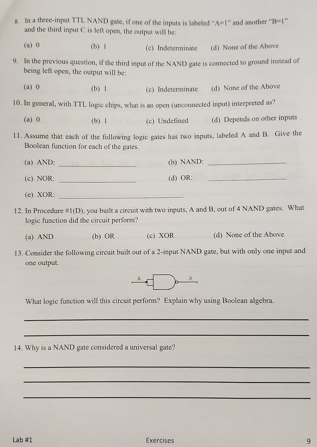 Solved 8. In a three-input TTL NAND gate, if one of the | Chegg.com