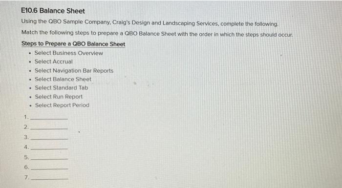 Solved E10.6 Balance Sheet Using the QBO Sample Company, | Chegg.com