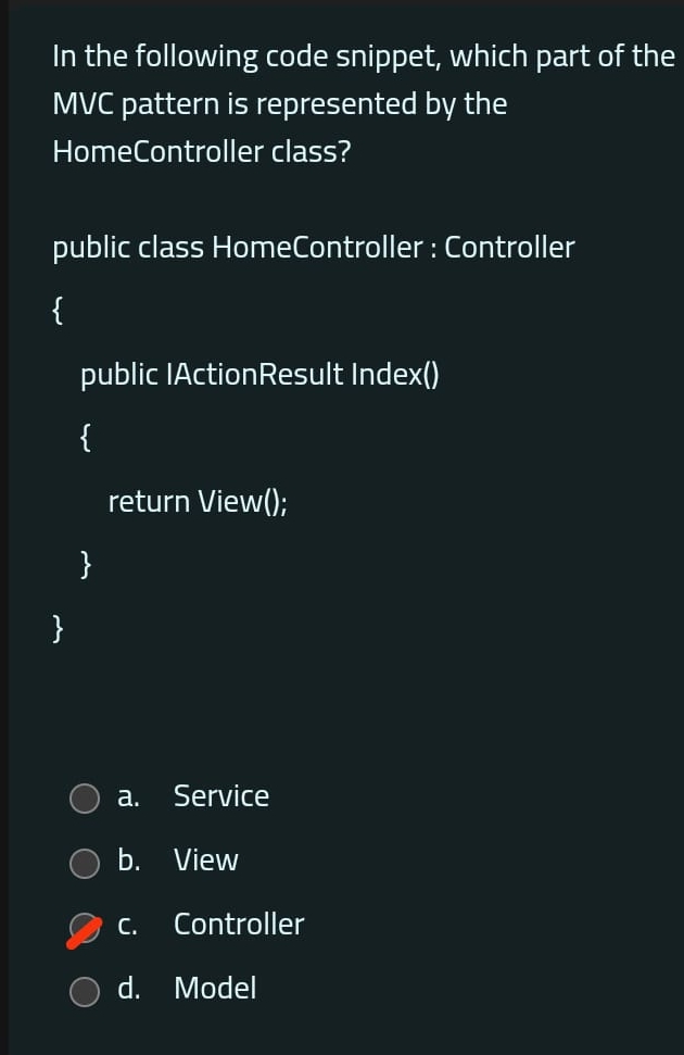 Solved In the following code snippet, which part of the MVC | Chegg.com