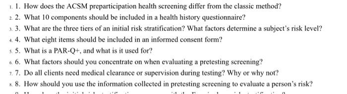 Solved 1. 1. How does the ACSM preparticipation health | Chegg.com