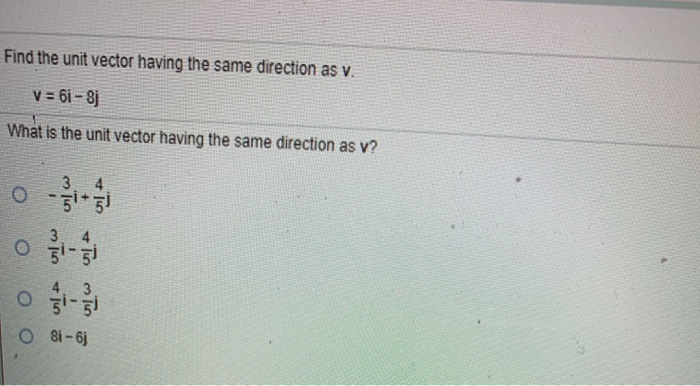Solved Find the unit vector having the same direction as v. | Chegg.com