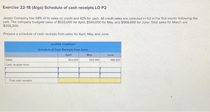 Solved Exercise 22-18 (Algo) Schedule of cash receipts LO P2 | Chegg.com Solved Exercise 22-18 (Algo) Schedule of cash receipts LO P2 | Chegg.com