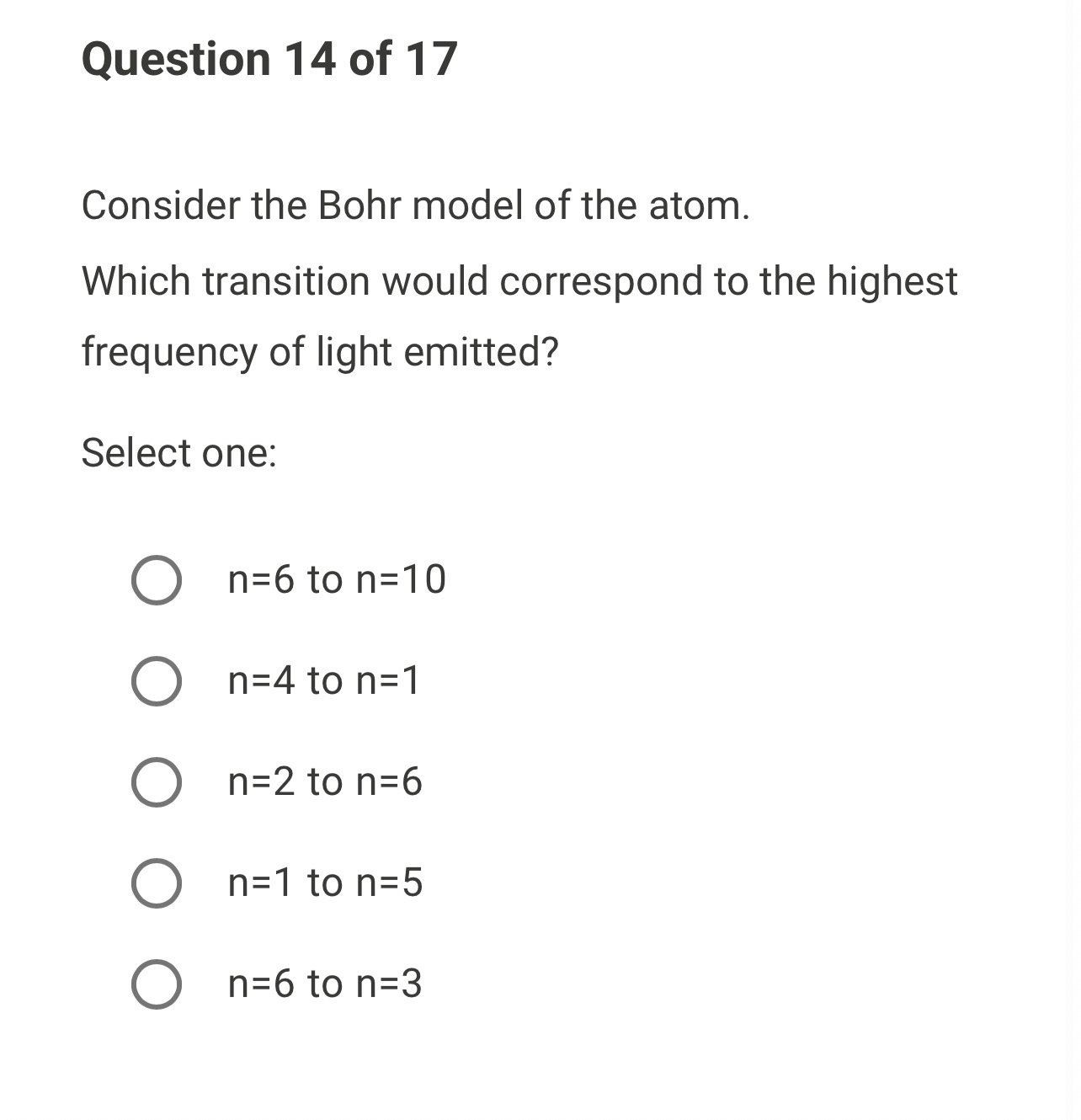 Solved Question 14 ﻿of 17Consider the Bohr model of the | Chegg.com
