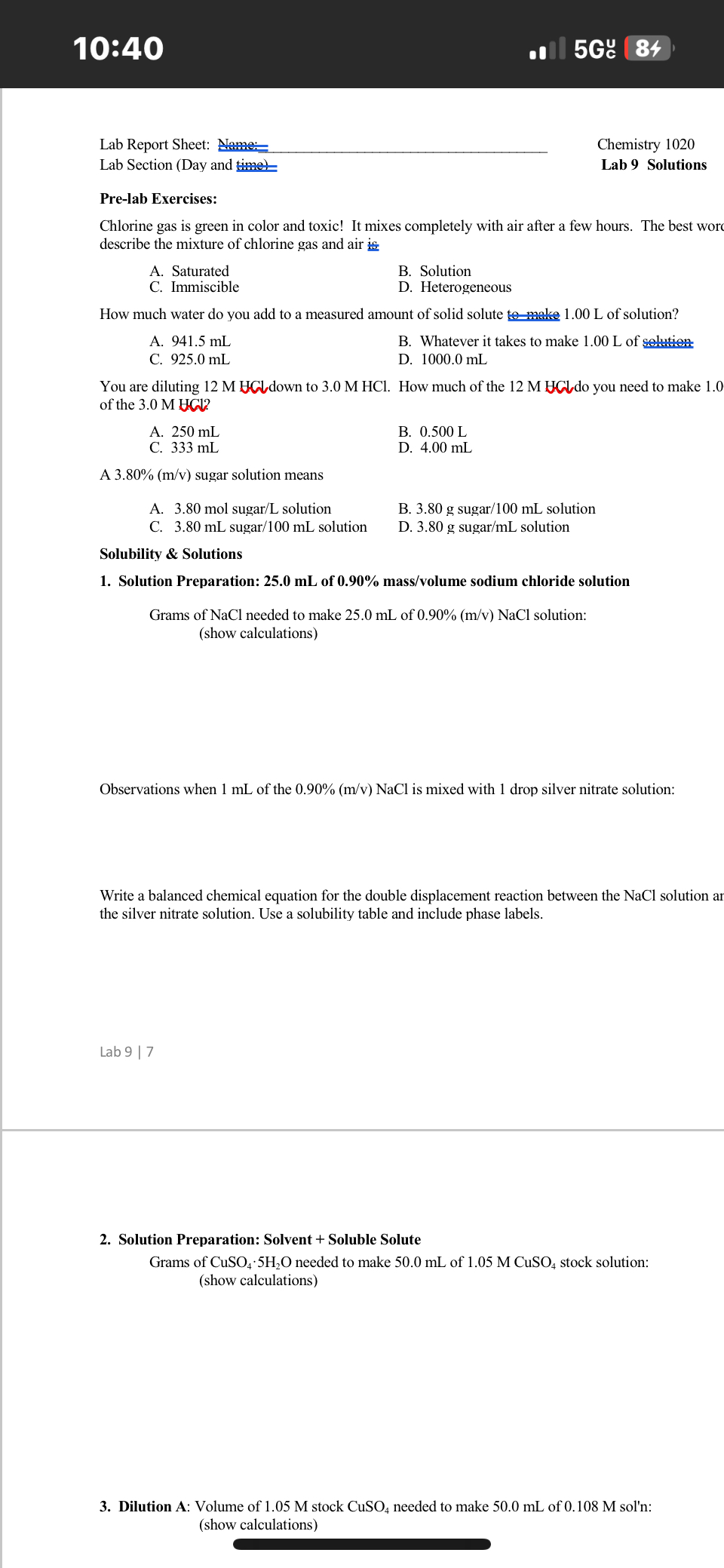 Solved 10:40Lab Report Sheet:Chemistry 1020Lab Section (Day | Chegg.com