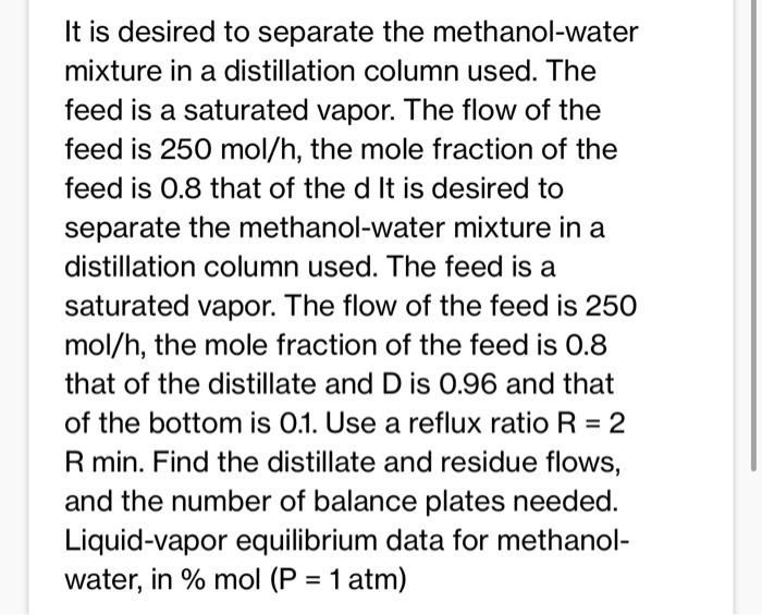 Solved It is desired to separate the methanol-water mixture | Chegg.com