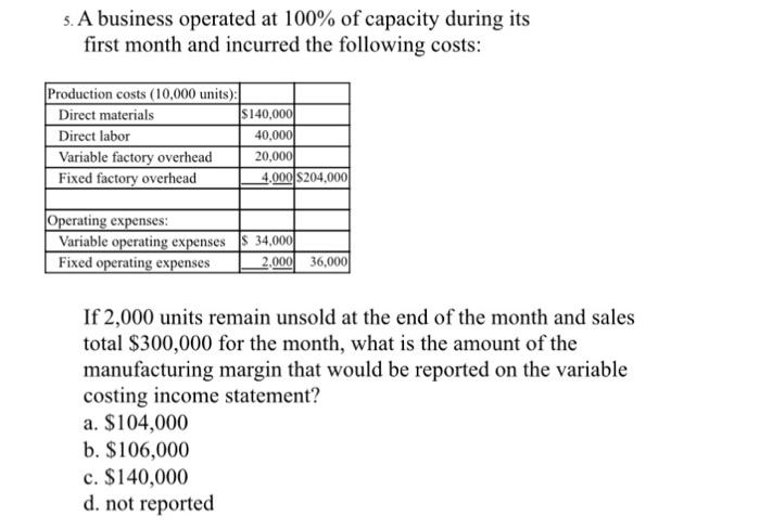 Solved 5. A business operated at 100% of capacity during its | Chegg.com