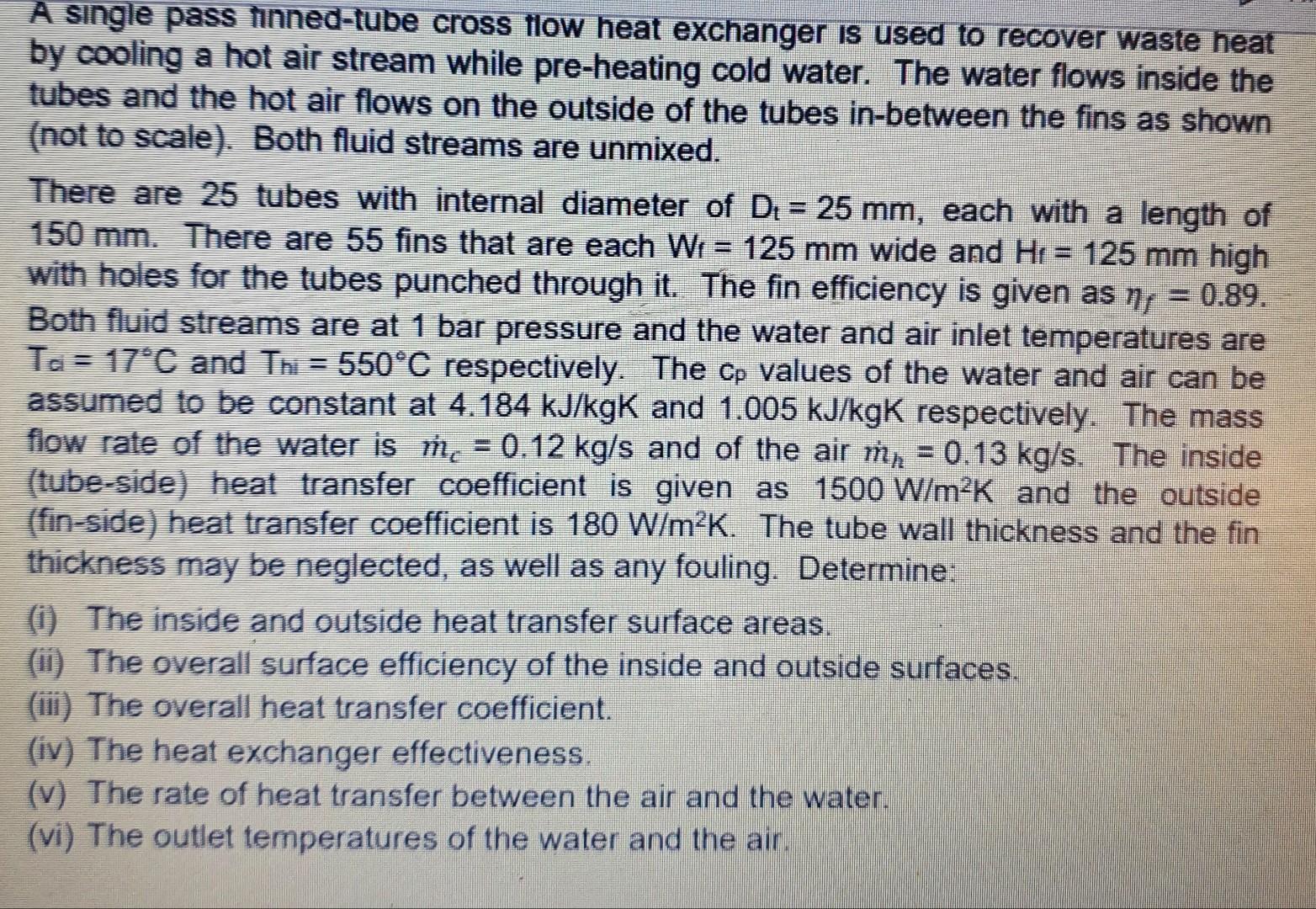 A single pass finned-tube cross flow heat exchanger | Chegg.com