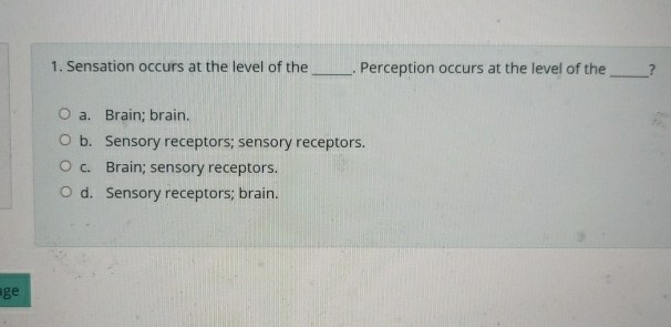 Solved Sensation occurs at the level of the Perception | Chegg.com