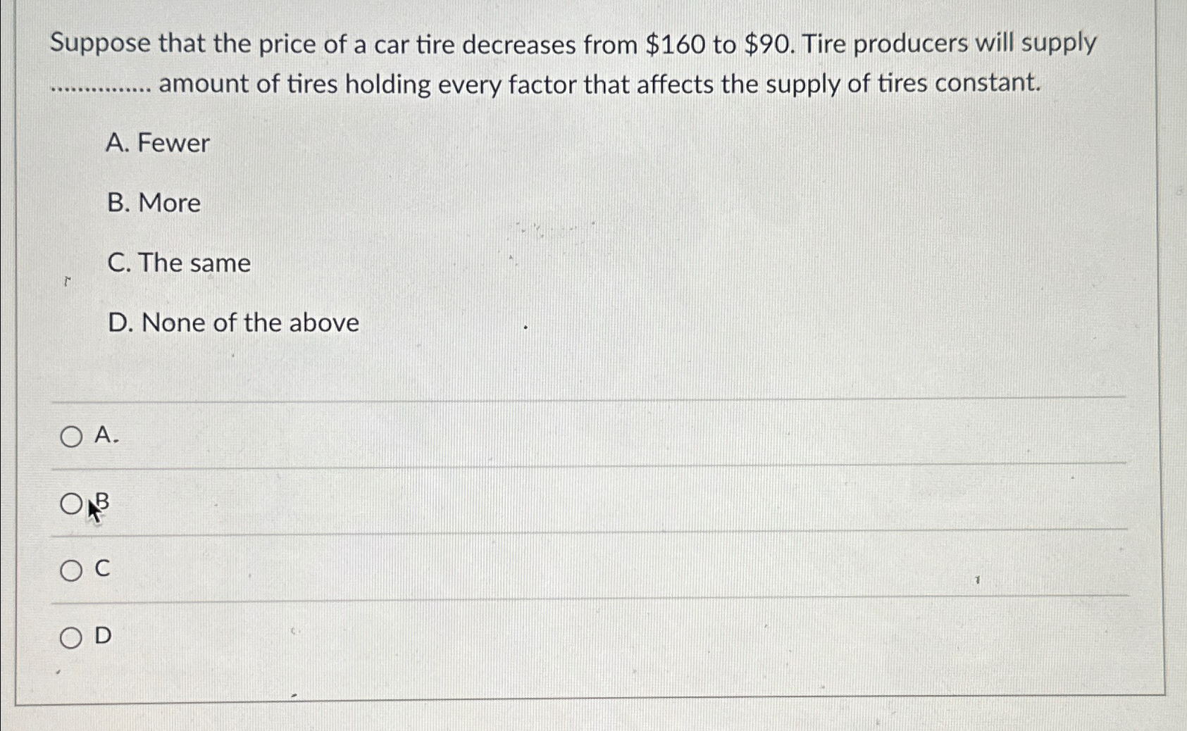 Solved Suppose that the price of a car tire decreases from | Chegg.com