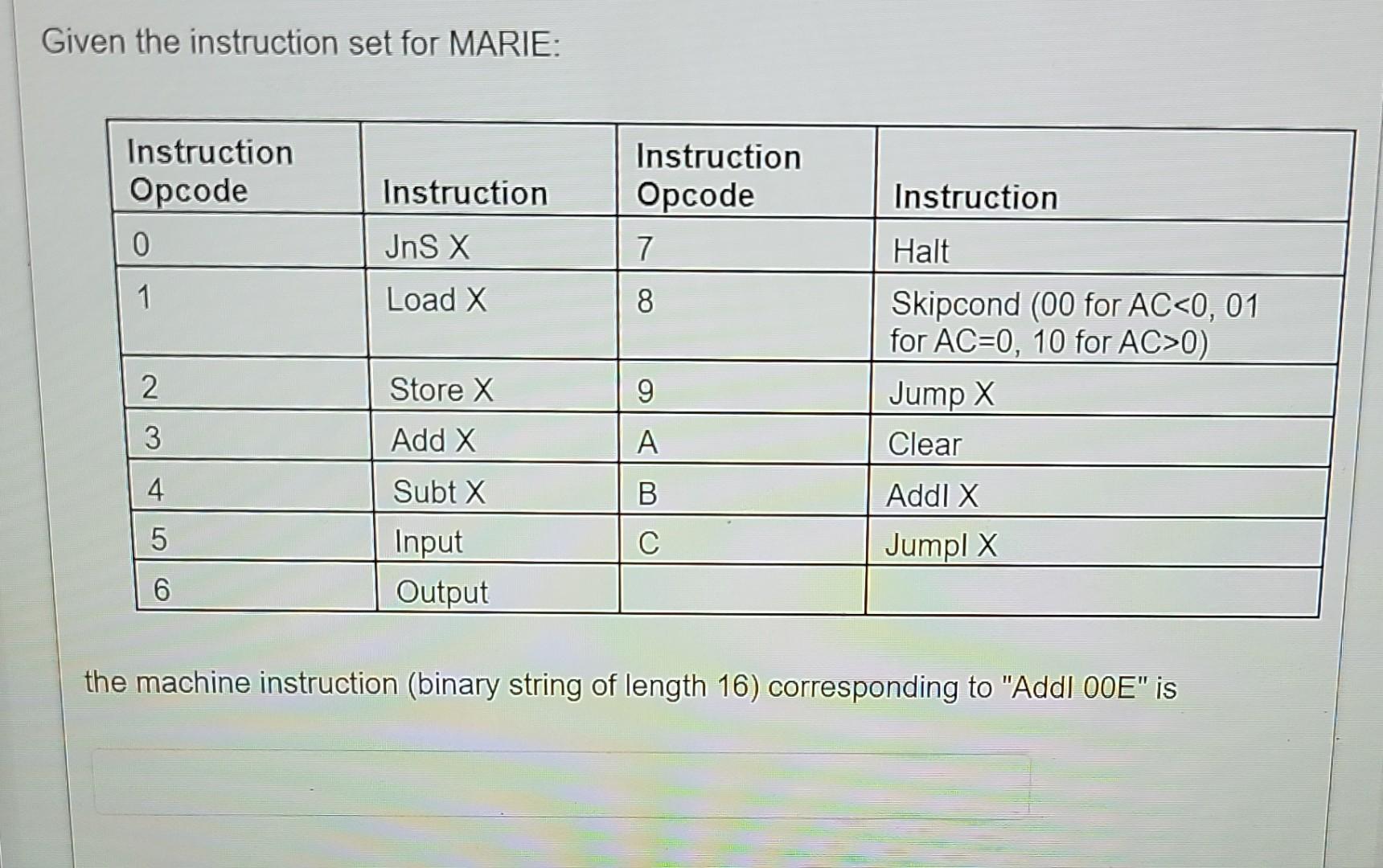 Solved Given the instruction set for MARIE: Instruction | Chegg.com