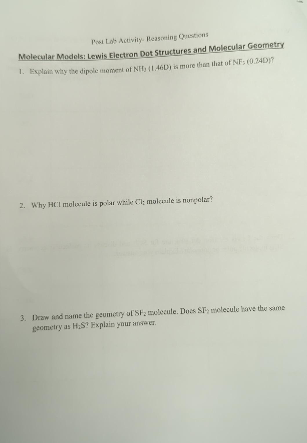 Solved Post Lab Activity- ﻿Reasoning QuestionsMolecular | Chegg.com