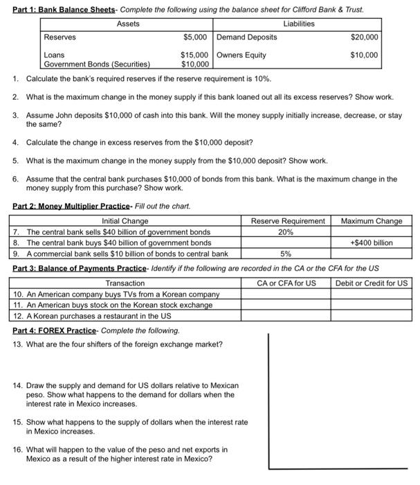 Solved Reserves Loans Part 1: Bank Balance Sheets- Complete | Chegg.com