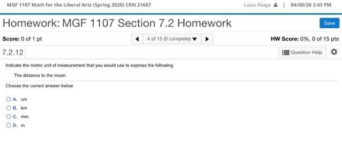Solved MGF 1107 Math for the Liberal Arts (Spring 2020) CRN | Chegg.com