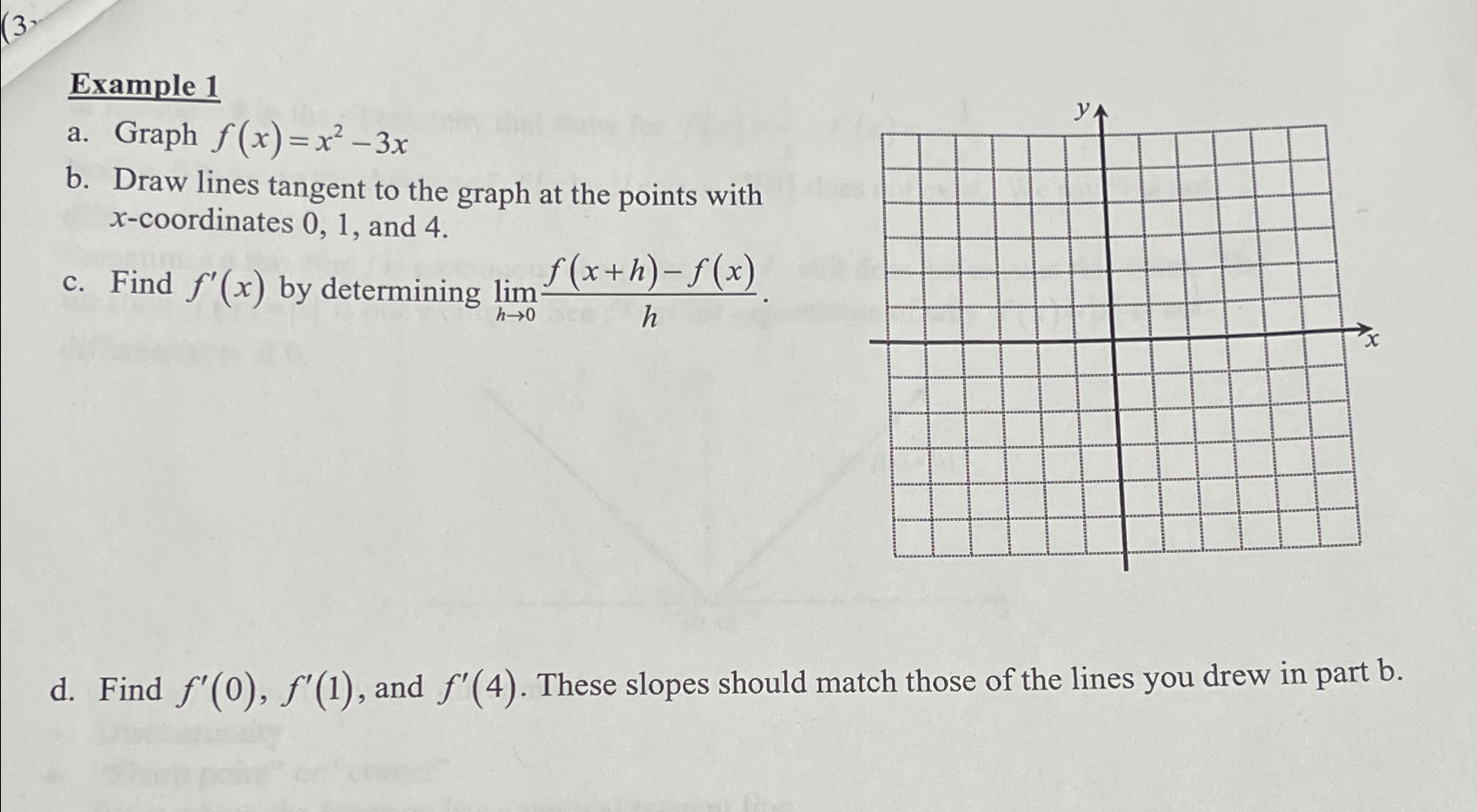Solved (3)Example 1a. ﻿Graph f(x)=x2-3xb. ﻿Draw lines | Chegg.com