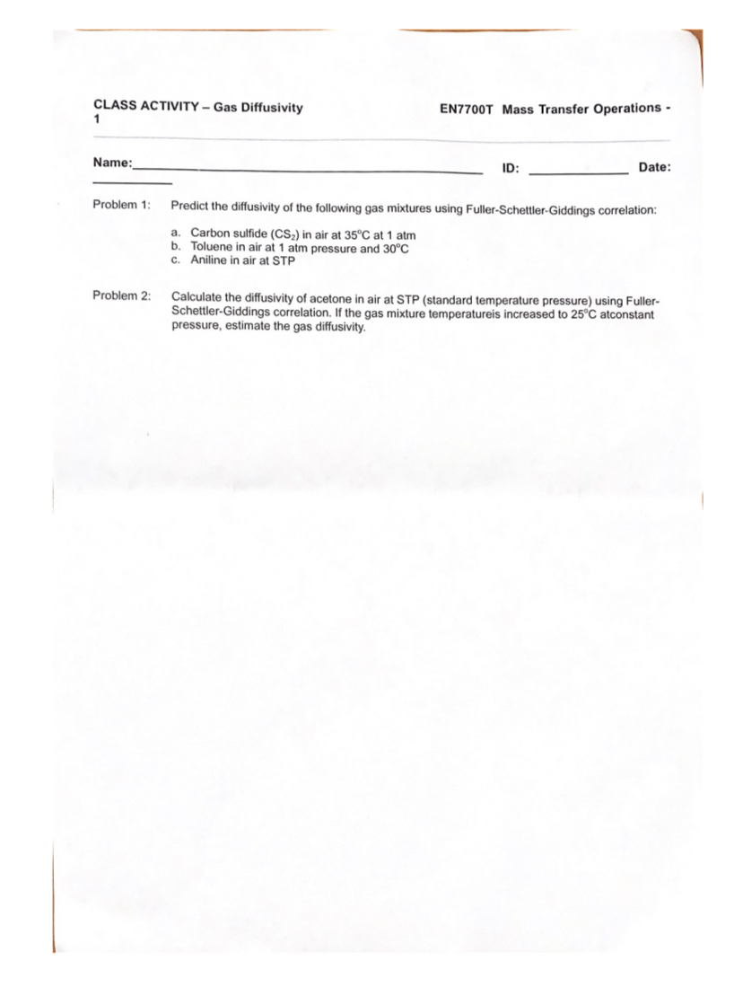 Solved CLASS ACTIVITY - ﻿Gas DiffusivityEN7700T Mass | Chegg.com