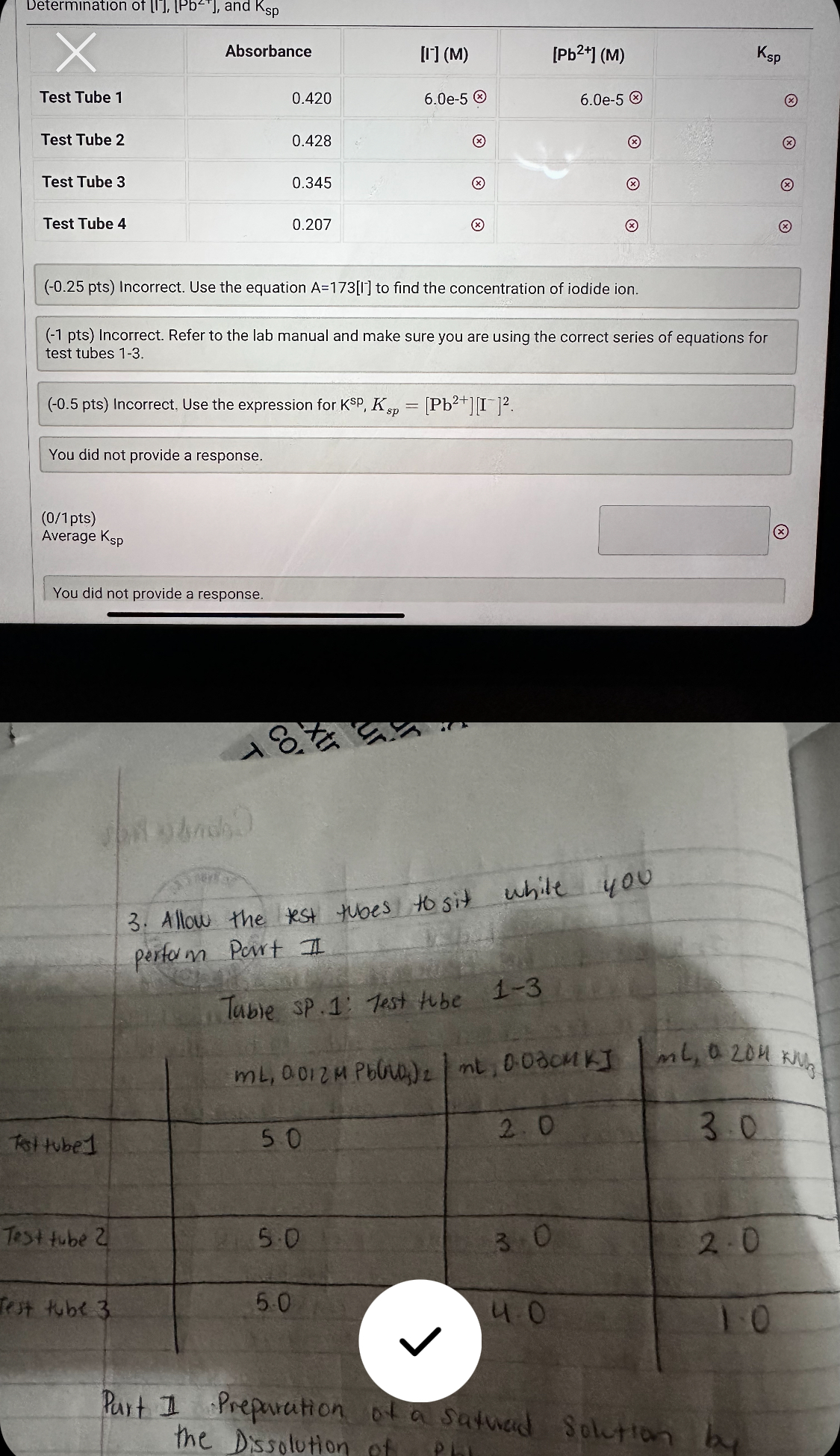 Determination of 1Pb-1, ﻿and Ksp(-0.25pts) | Chegg.com