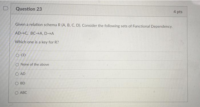 Solved D Question 23 4 pts Given a relation schema R (A, B, | Chegg.com