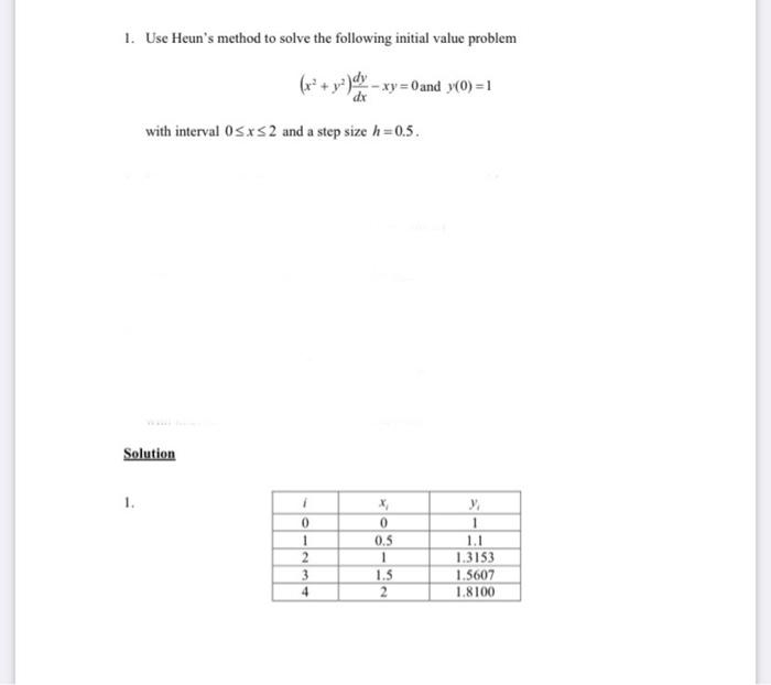 Solved 1. Use Heun's method to solve the following initial | Chegg.com