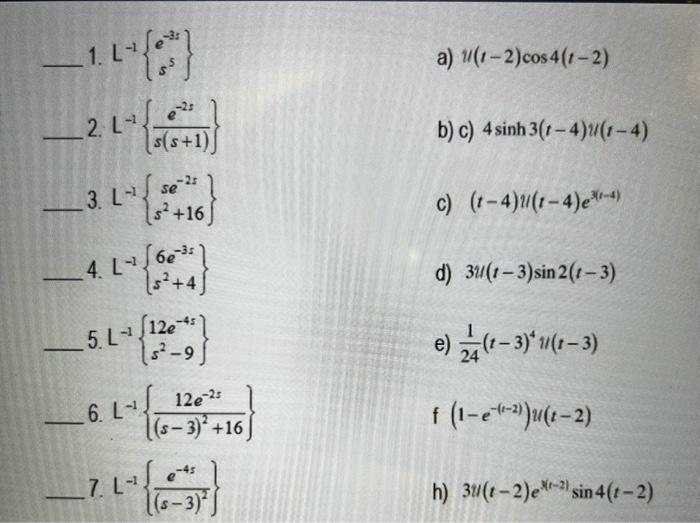 Solved 1. L−1{e−3ss5} a) u(t−2)cos4(t−2) 2. L−1{s(s+1)e−2s} | Chegg.com