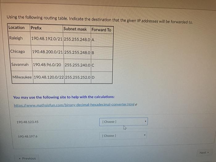 Solved Using the following routing table. Indicate the | Chegg.com