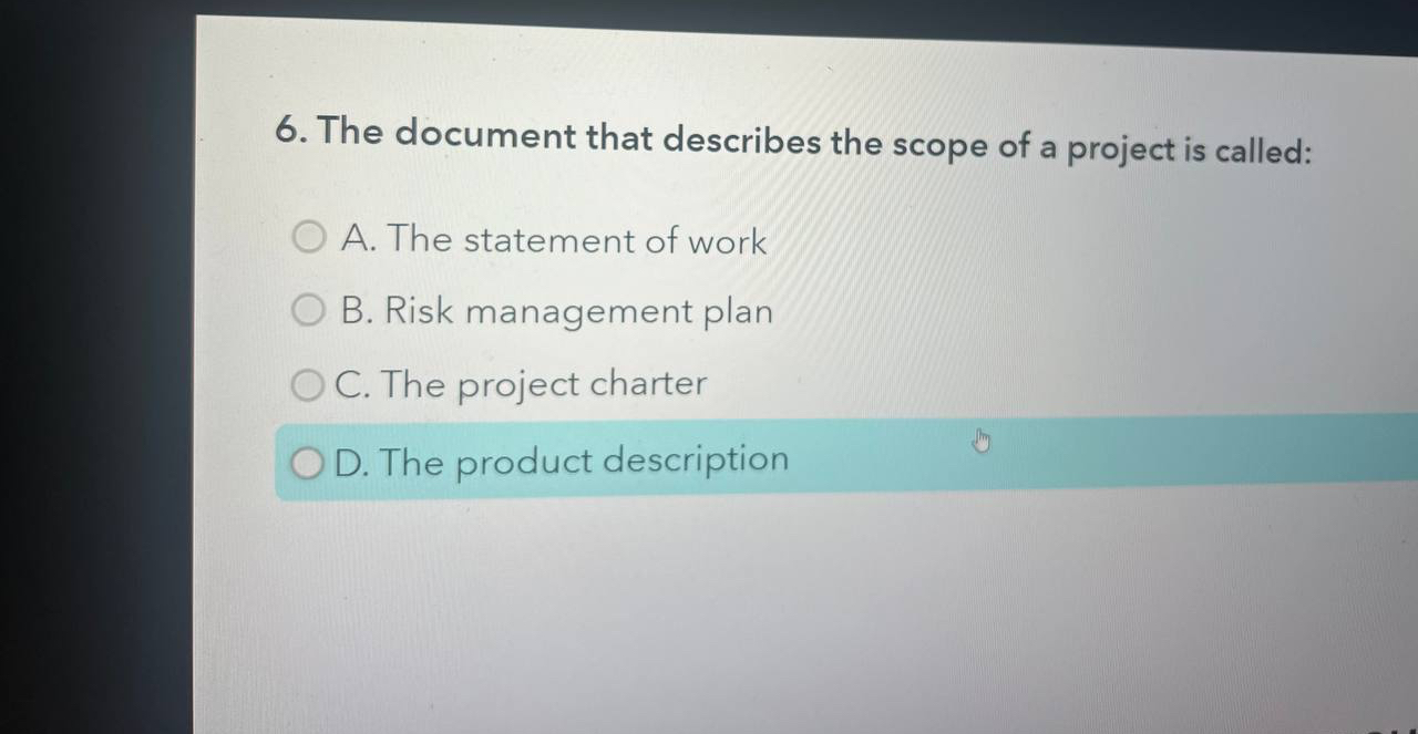 Solved The document that describes the scope of a project is | Chegg.com