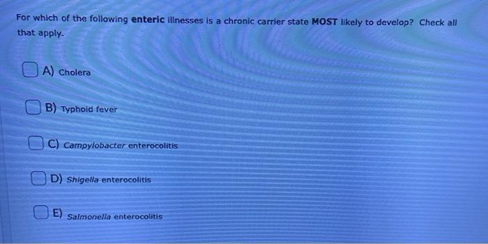 Solved For which of the following enteric illnesses is a | Chegg.com