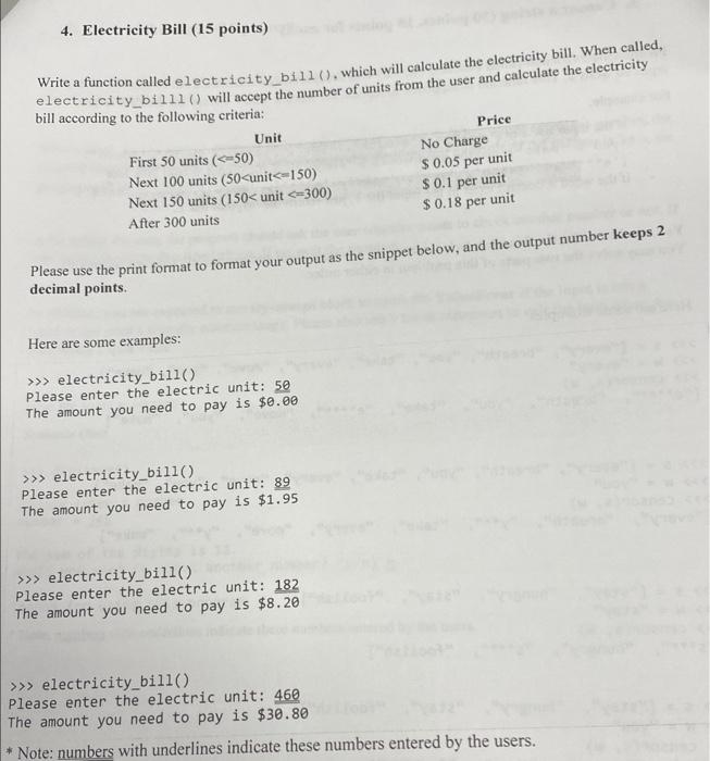Solved 4. Electricity Bill (15 points) Write a function | Chegg.com