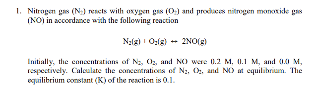 Solved Nitrogen gas (N2) ﻿reacts with oxygen gas (O2) ﻿and | Chegg.com