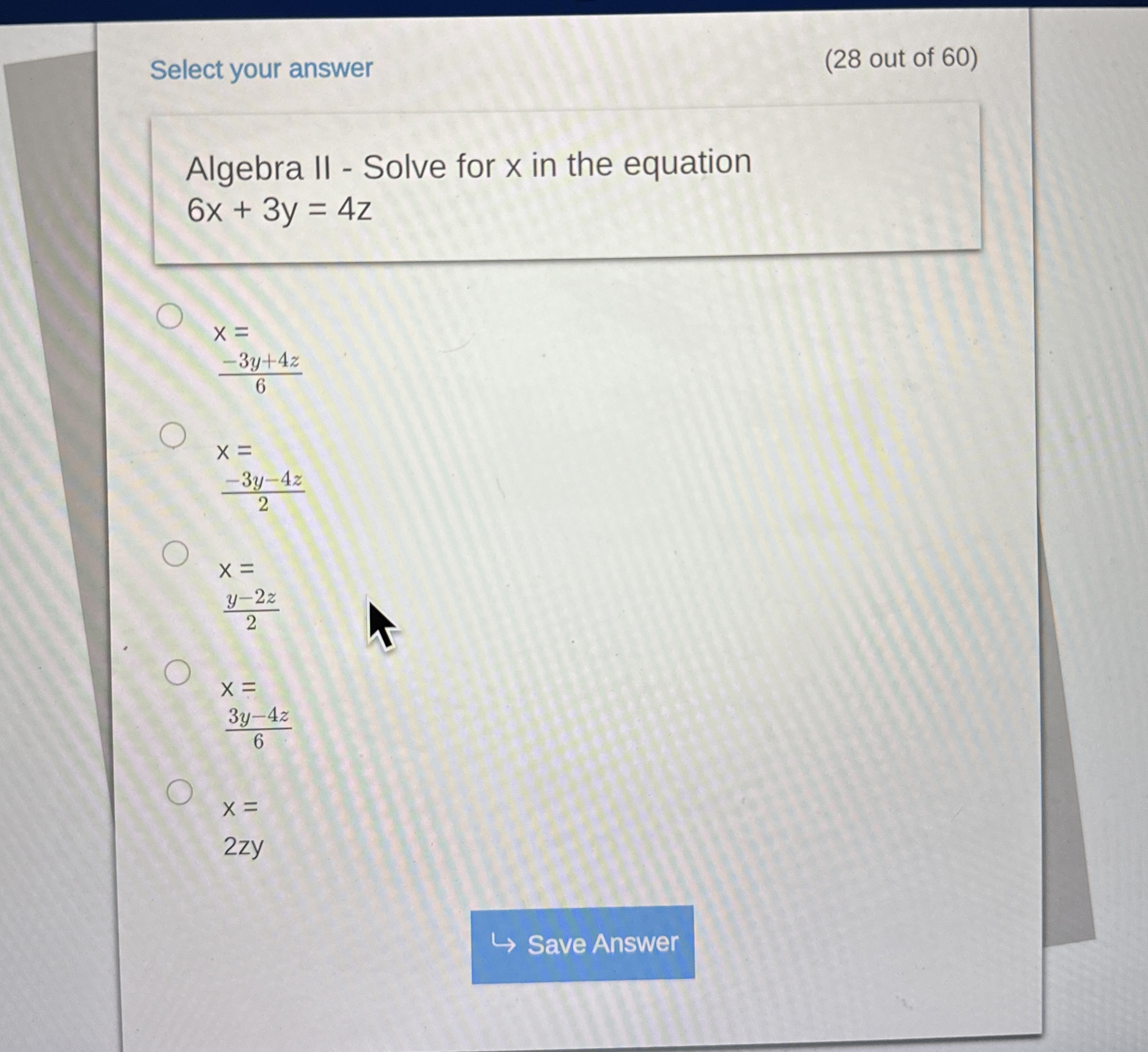 Solved Select your answer(28 ﻿out of 60 )Algebra II - ﻿Solve | Chegg.com
