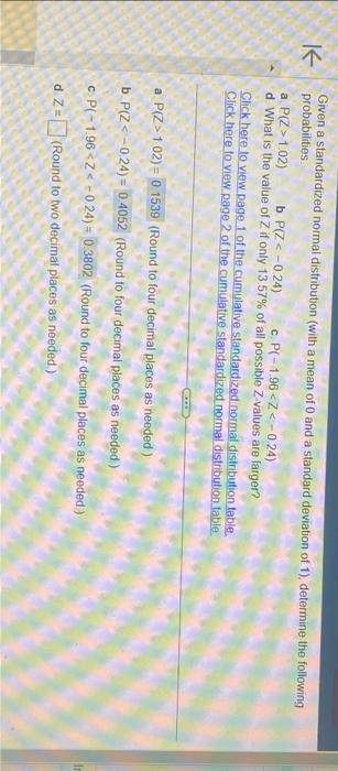 Solved Given a standardized normal distribution (with a mean | Chegg.com