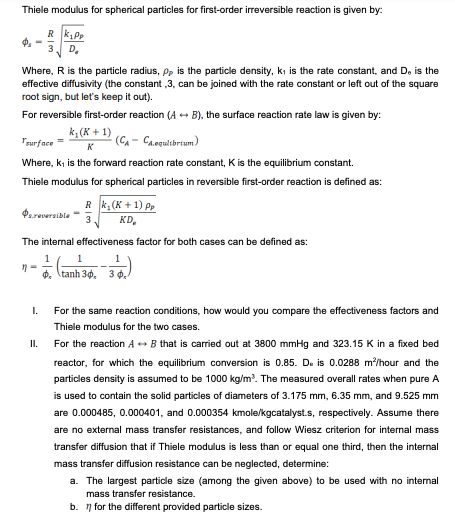 Thiele modulus for spherical particles for | Chegg.com