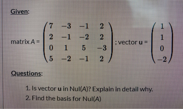 Solved Given: 7 -3 2 1 2 2 1 matrix A = ; vector u = 0 1 5 | Chegg.com