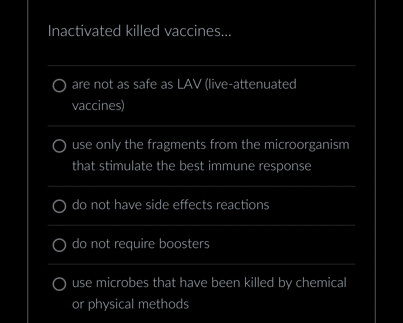 Solved Inactivated killed vaccines...are not as safe as LAV | Chegg.com