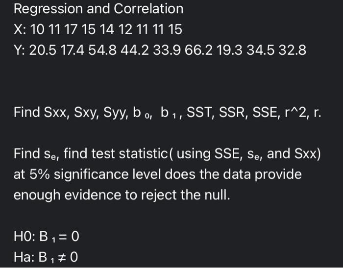Solved Regression and Correlation X: 101117151412111115 Y: | Chegg.com