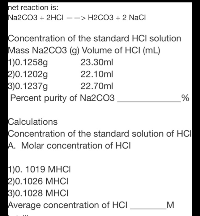 Concentration of the standard HCl solution Mass | Chegg.com