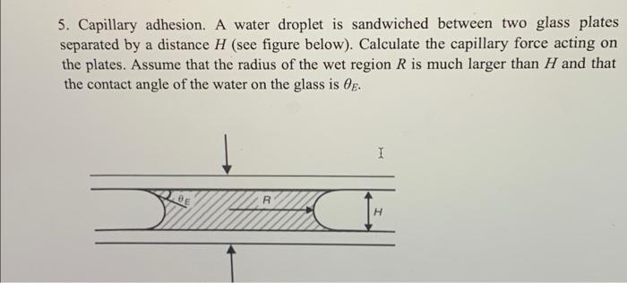 Solved 5. Capillary adhesion. A water droplet is sandwiched | Chegg.com