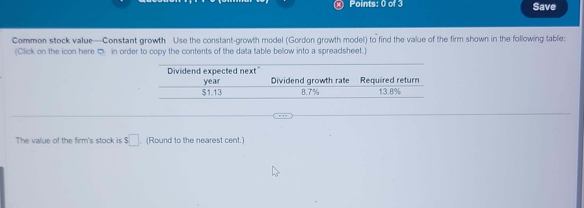 Solved Common stock value - Constant growth Use the | Chegg.com