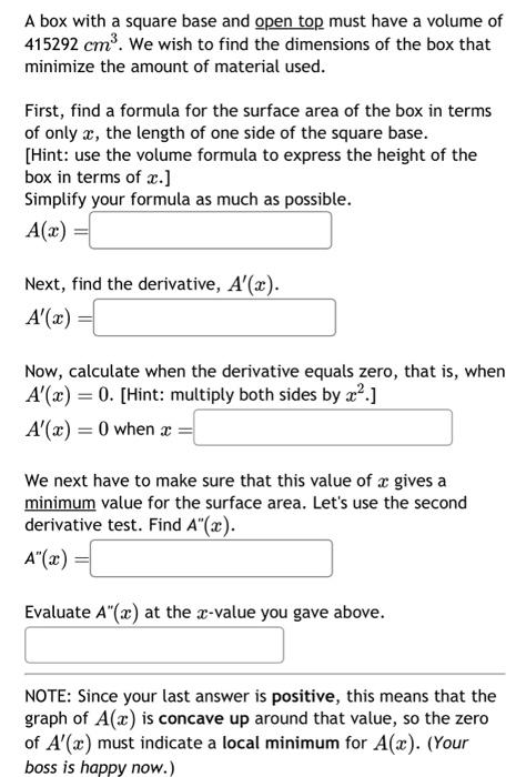 Solved 415292 cm3. We wish to find the dimensions of the box | Chegg.com