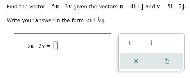 Solved Find the vector -5u-3v ﻿given the vectors u=4i+j ﻿and | Chegg.com