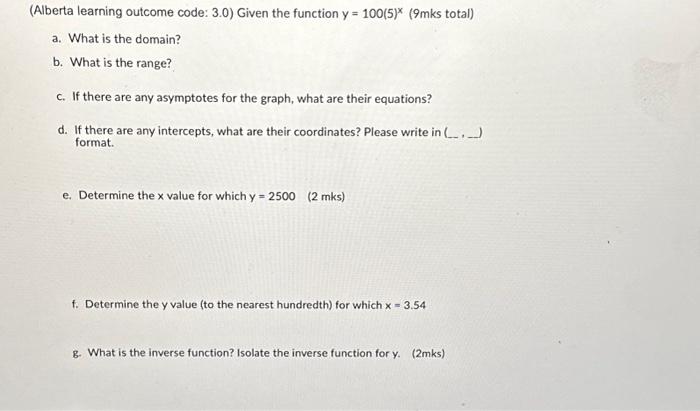 Solved Alberta learning outcome code: 3.0) Given the | Chegg.com